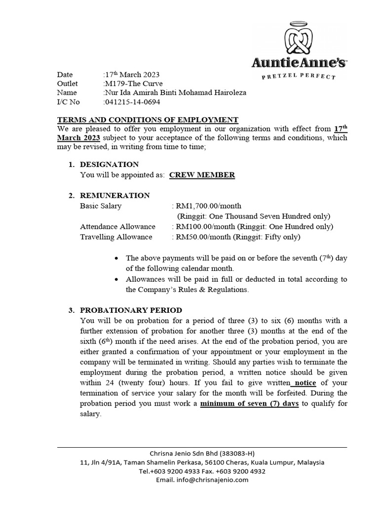 Appoitment Letter - Nur Ida Amirah (A179-The Curve) | PDF | Salary | Workweek And Weekend