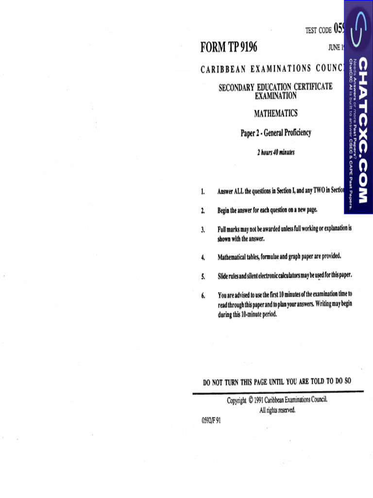 CSEC Mathematics P2 1991 | PDF