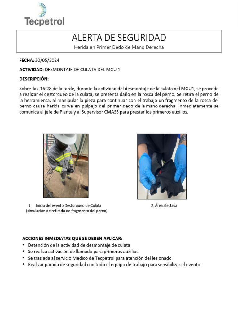 20240530_Alerta Seguridad TECPETROL (Herida en Primer Dedo de Mano Derecha) | PDF