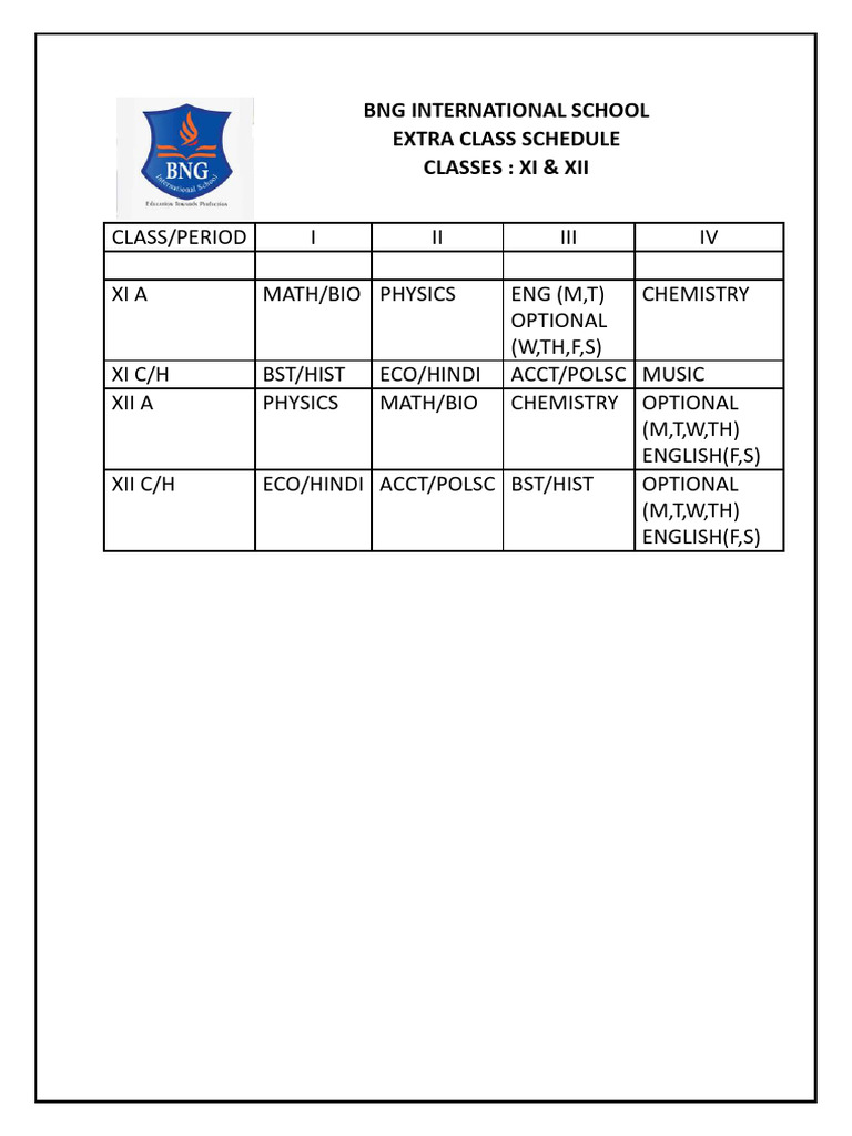 Extra Class Schedule (Xi & Xii) | PDF