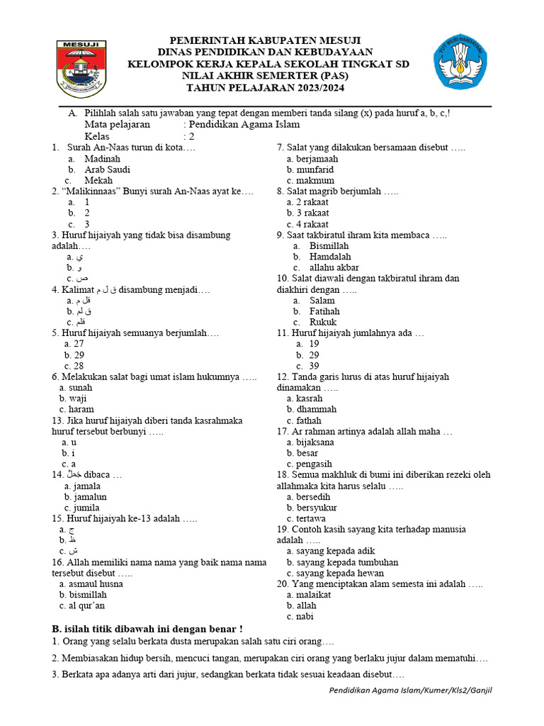 Soal PAS Pendidikan Agama Islam Kelas 2 | PDF