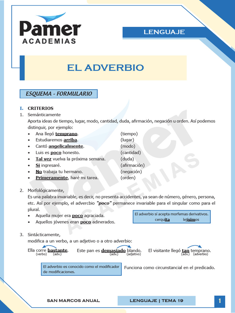 Definición y Clasificación del Adverbio | PDF | Adverbio | Palabra