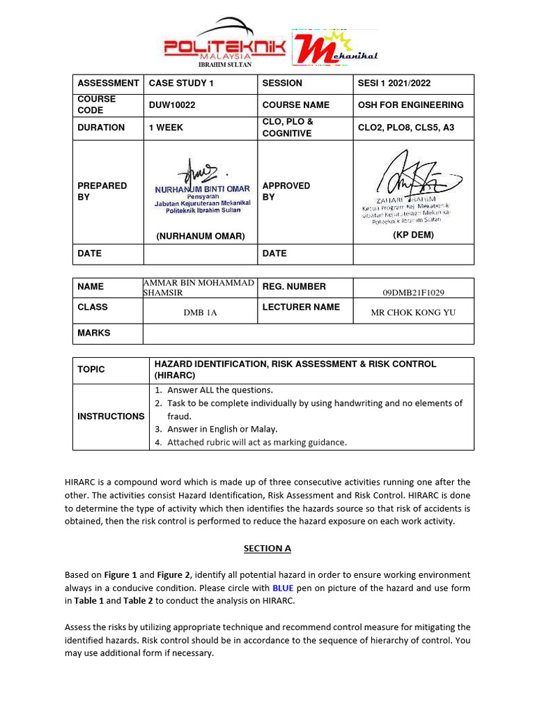 Case Study 1 DUW10022 OSH Sesi 1 21-22 | PDF | Personal Protective Equipment | Human Factors And ...