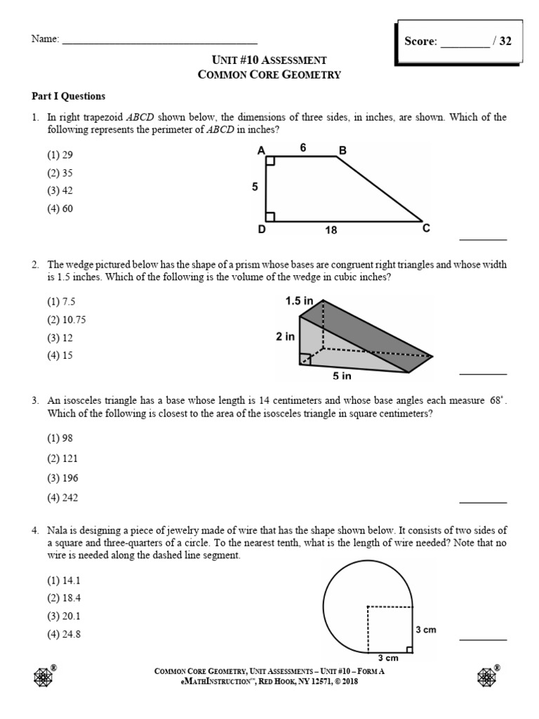 CCGeo - Unit 10 Assessment - Form A | PDF | Triangle | Area