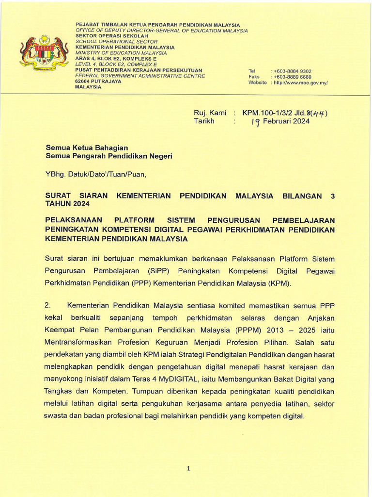 1 Surat Siaran KPM Bil. 3 Tahun 2024 Pelaksanaan Platform Sistem Pengurusan Pembelajaran ...