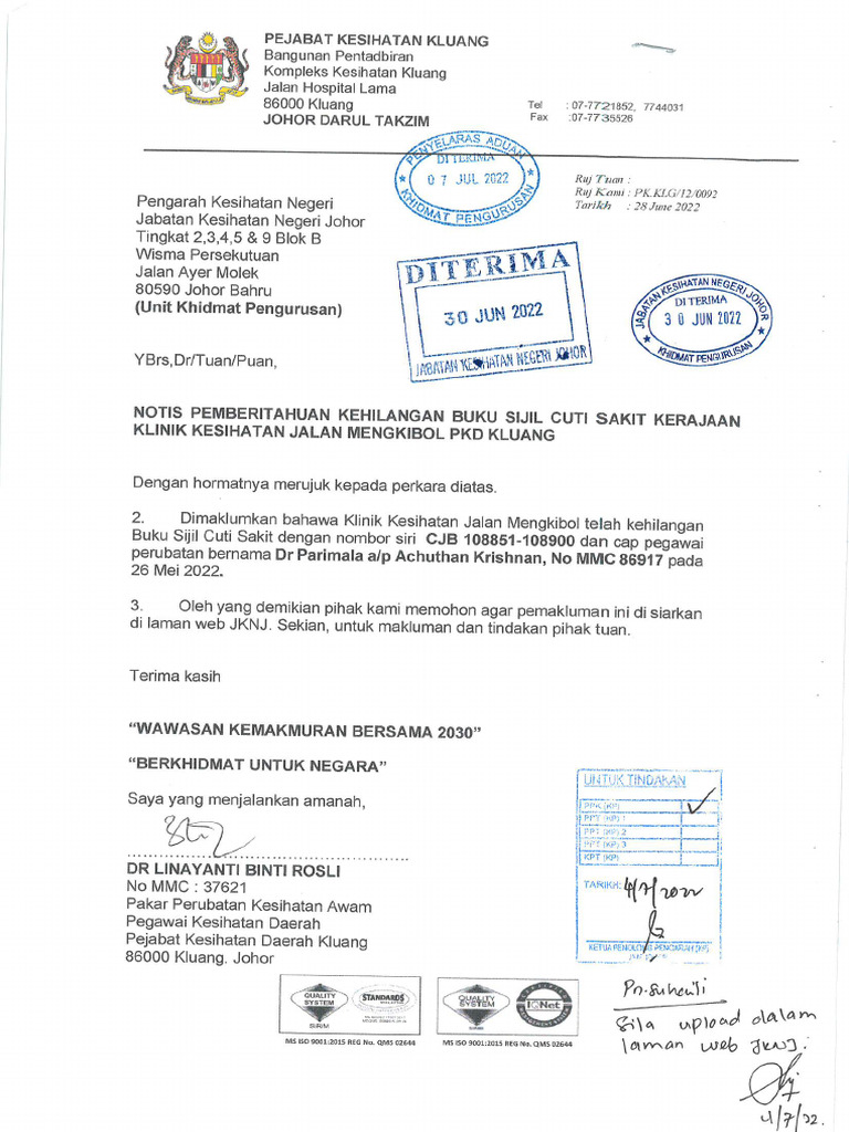 Surat Pemakluman Sijil MC Hilang - PKD Kluang | PDF