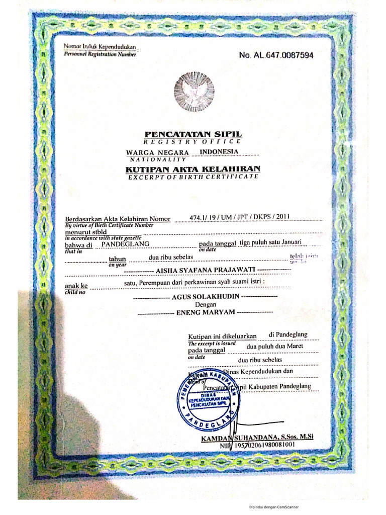 AKTE LAHIR AISHA | PDF