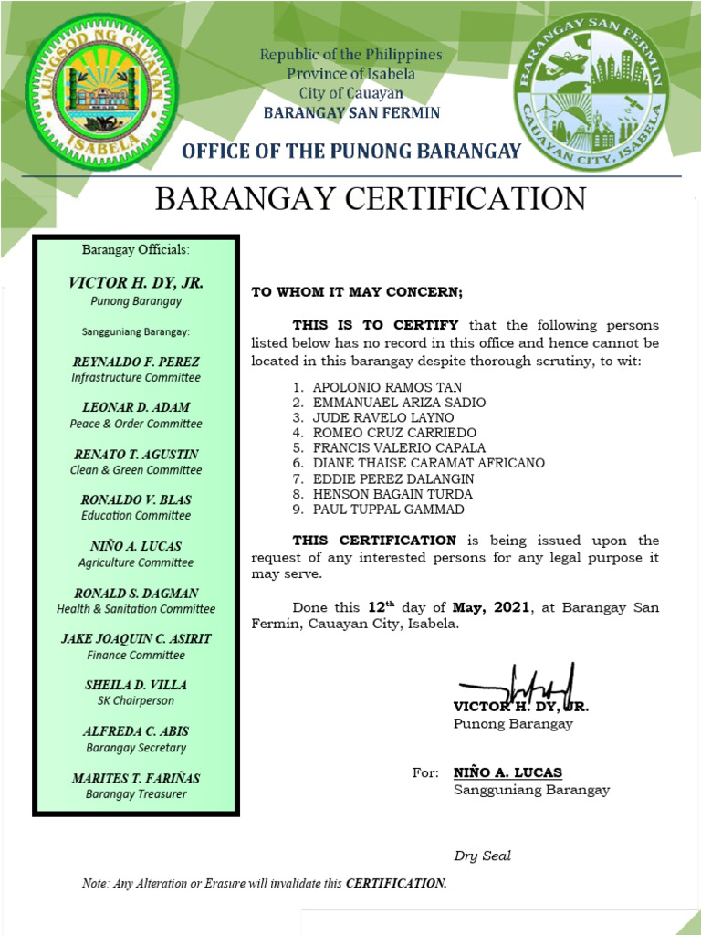 2021 Certification (Unlocated Person) - Various Names | PDF