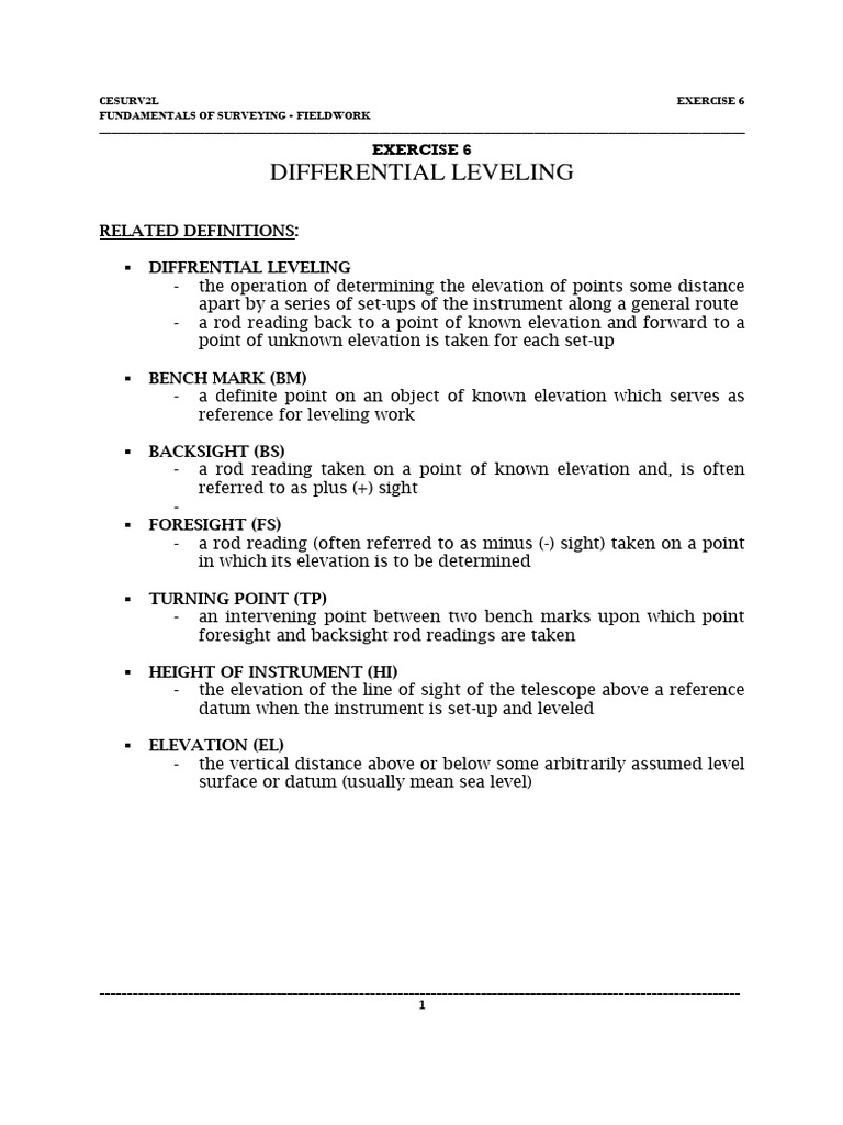 CESURV2L - Finalterm - Exercise 6 Differential Leveling | PDF ...