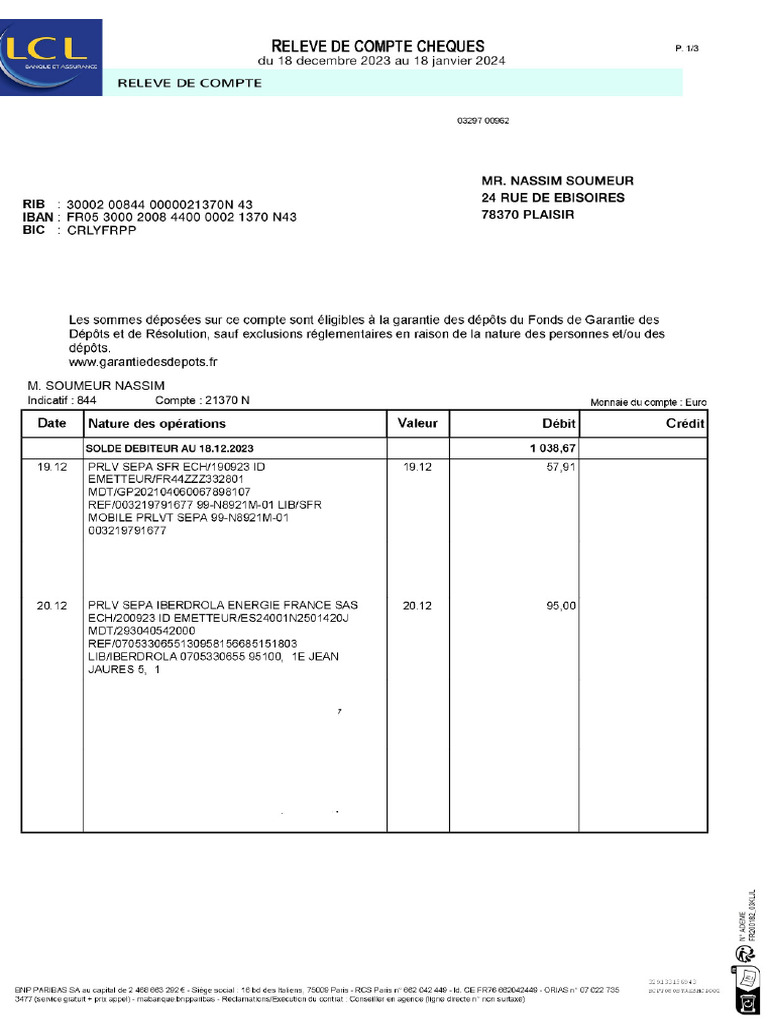 LCL 18:12:2024 Compte Cheque Soumeur Nassim | PDF