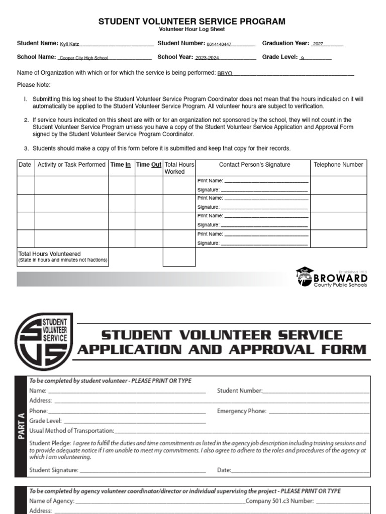Broward Student Volunteer Hours Form | PDF | Insurance | Volunteering
