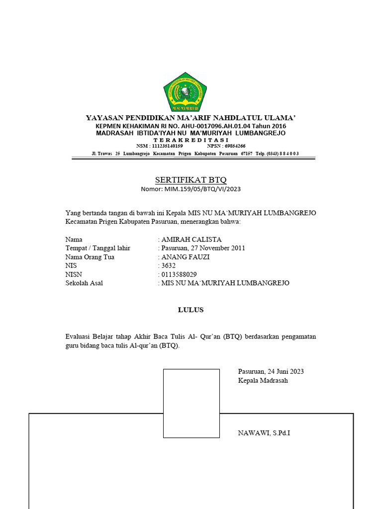 Sertifikat BTQ | PDF