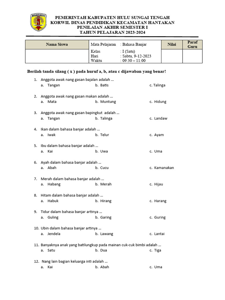 Soal Bahasa Banjar Kelas 1 | PDF