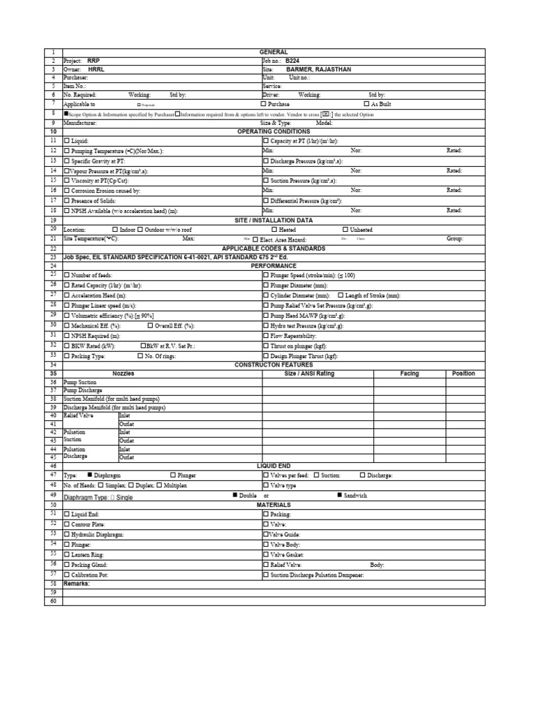 DATA SHEET TEMPLATE - EIL | PDF | Pump | Valve