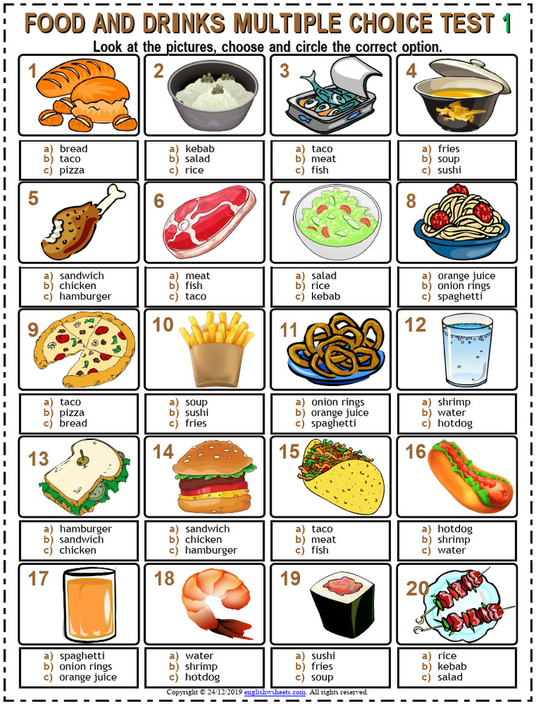 Food and Drinks Vocabulary Esl Multiple Choice Tests For Kids | PDF ...