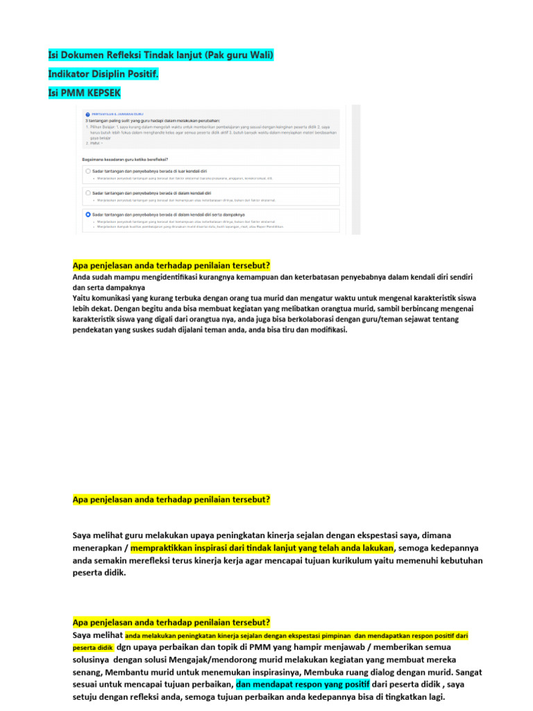 Isi Nilai Dokumen Refleksi Tindak Lanjut Kepsek PMM (Pak Guru Wali) | PDF