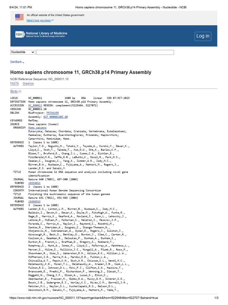 Homo Sapiens Chromosome 11, GRCh38.p14 Primary Assembly - Nucleotide ...