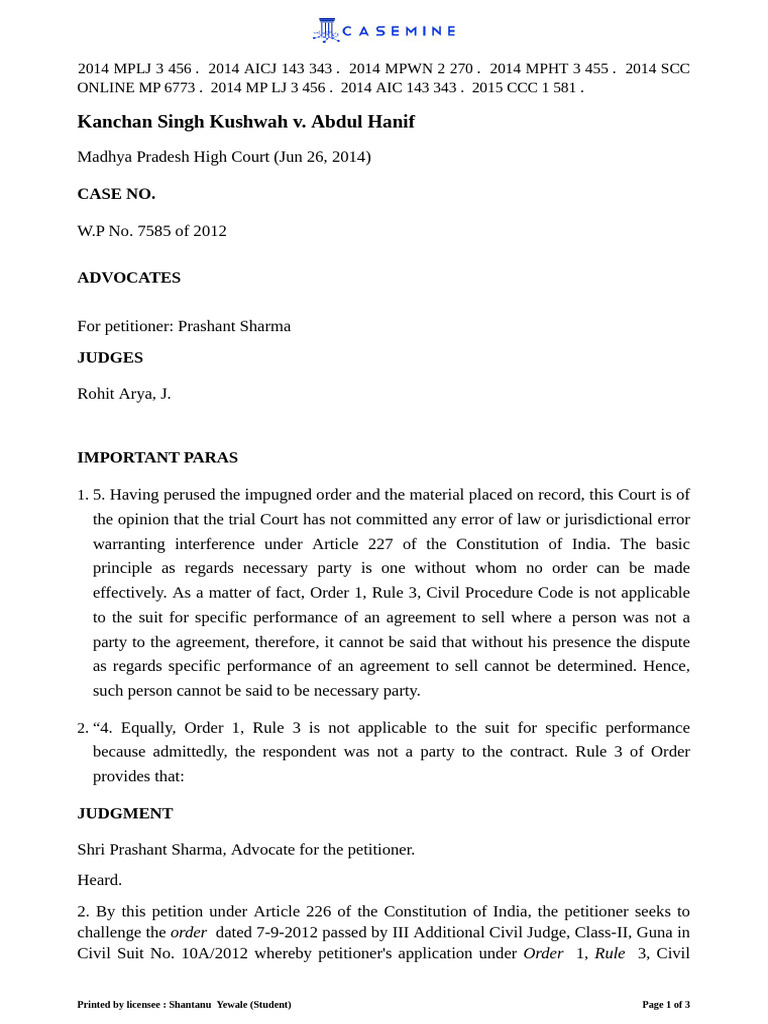 CASEMINE - Kanchan Singh Kushwah v. Abdul Hanif Rule 3 | PDF | Lawsuit | Political Law