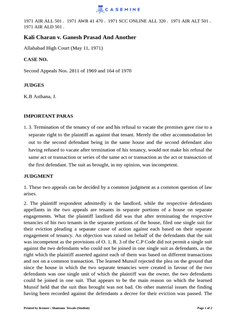 CASEMINE - Kali Charan v. Ganesh Prasad and Another Rule 3 | PDF | Lawsuit | Leasehold Estate