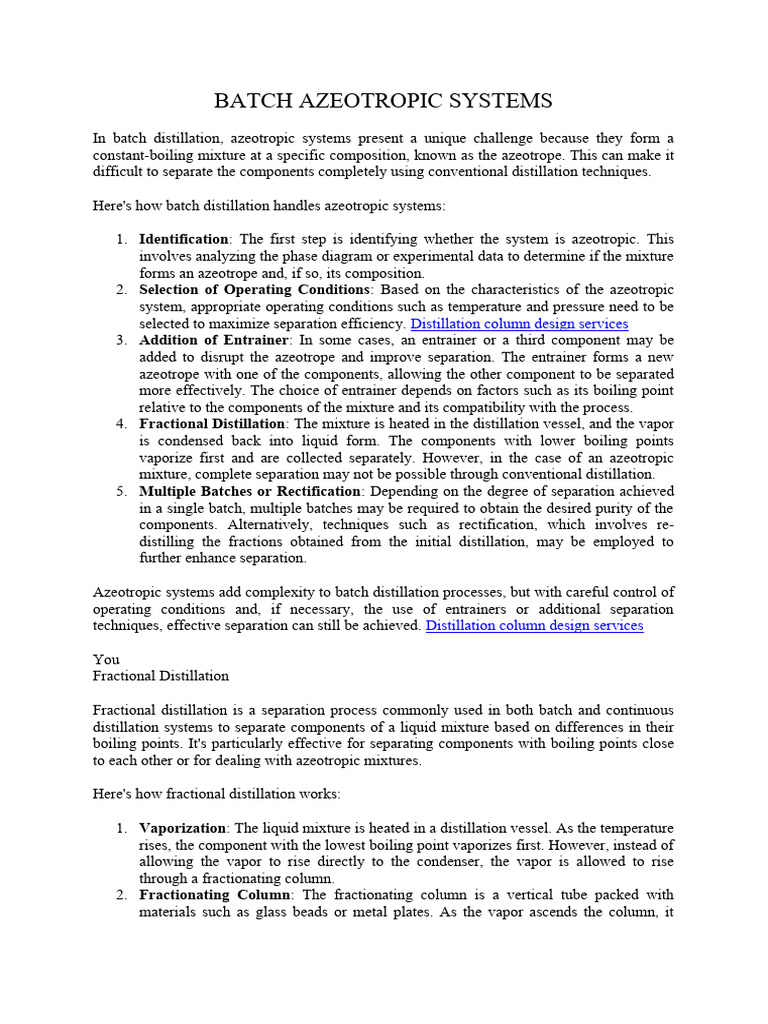 Batch Azeotropic Systems | PDF | Distillation | Chemical Engineering