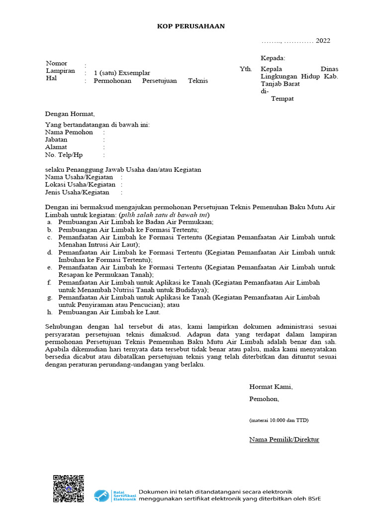 Permohonan Persetujuan Teknis Limbah | PDF | Griya & Taman | Teknologi ...
