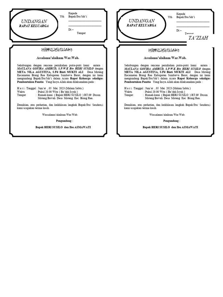 Undangan TAKZIAH | PDF | Memasak, Makanan, & Anggur