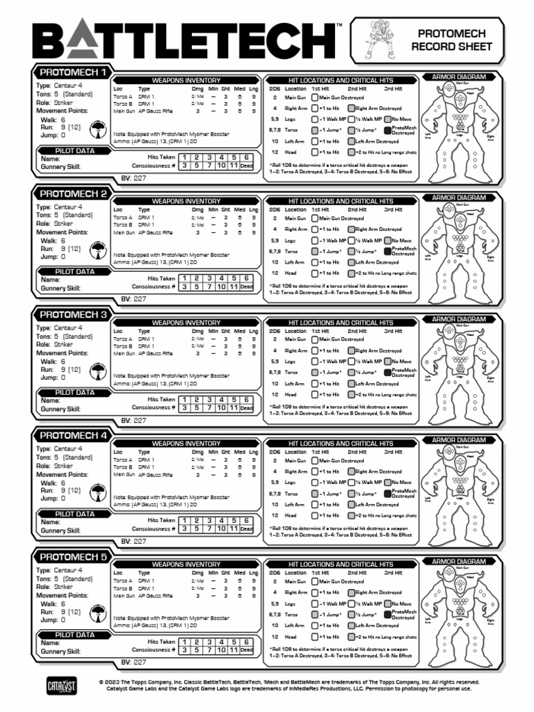 Protomech Record Sheet: Centaur 4 | PDF | Battle Tech | Military Science