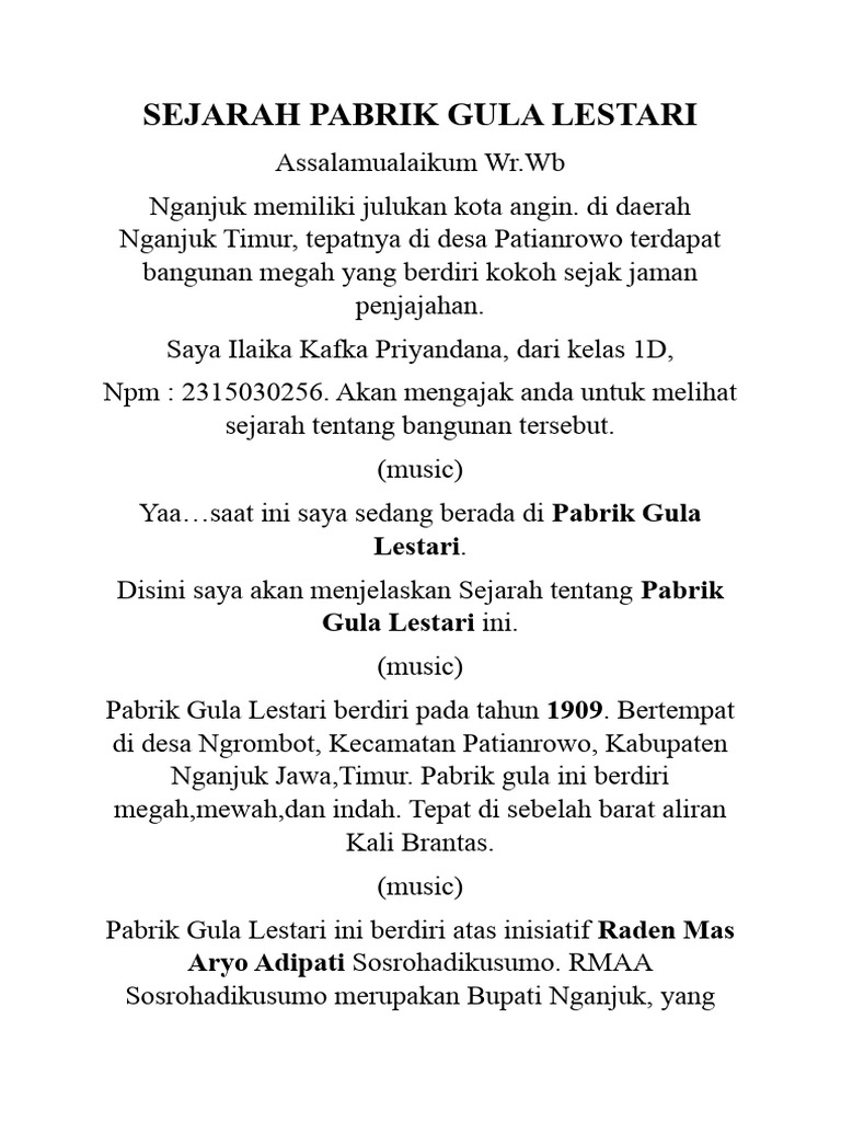 Sejarah Pabrik Gula Lestari | PDF