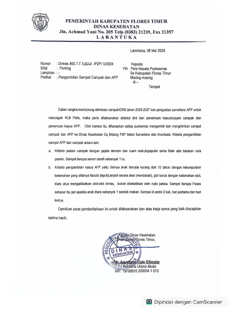 Surat Pengambilan Sampel Campak Dan Afp | PDF