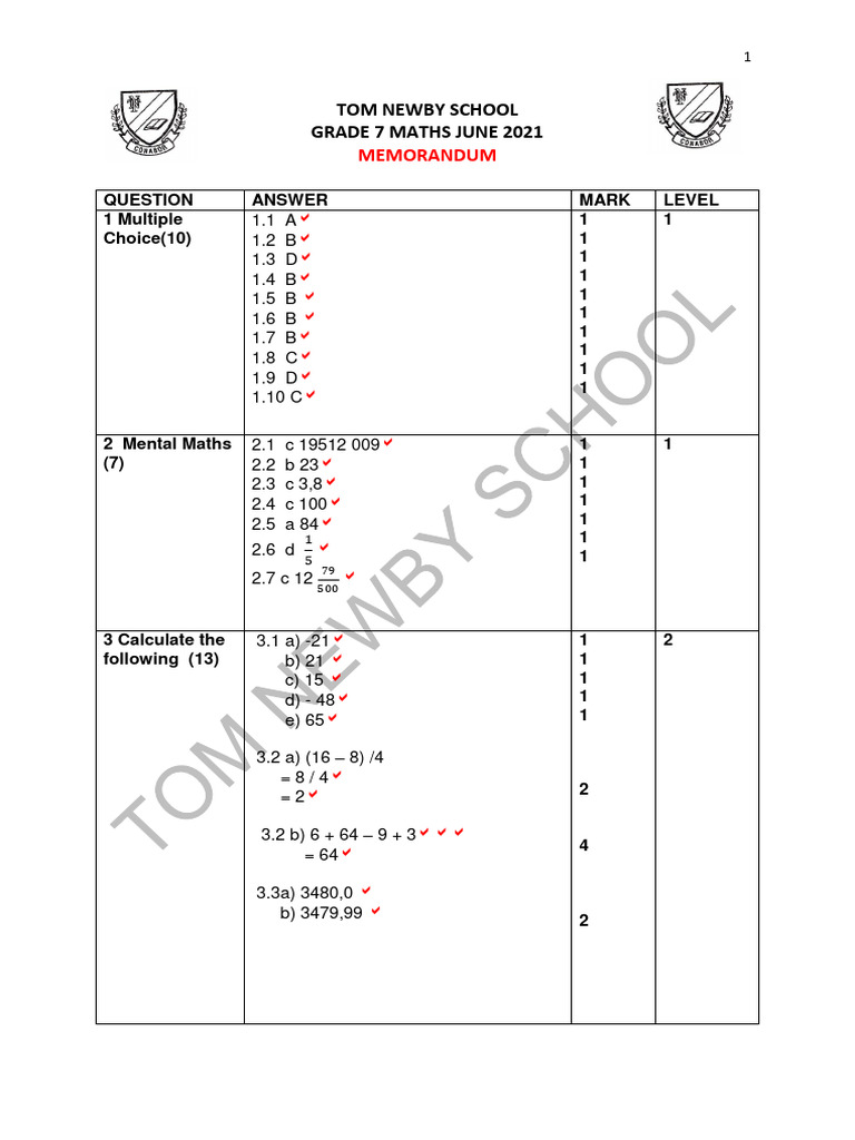 Grade 7 Maths Memo June 2021 - 240526 - 171044 | PDF | Arithmetic ...