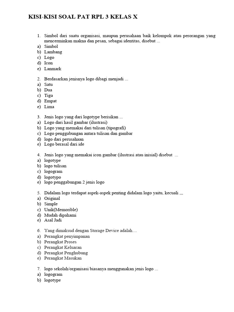 Kisi Kisi Soal Pat RPL 3 Kelas X 2024 | PDF