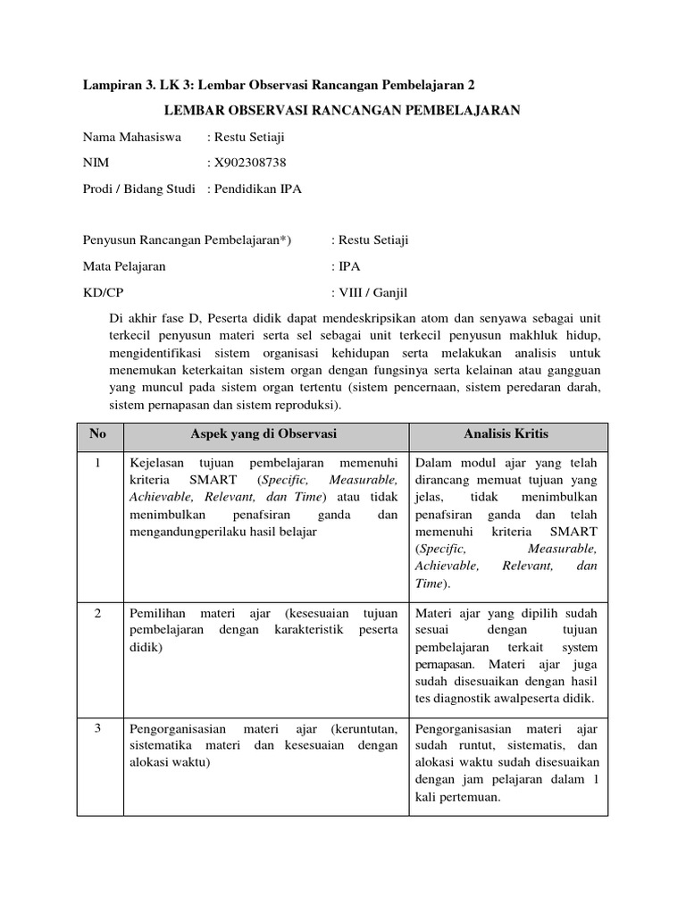 01.05.6-B4-4 Unggah LK 3 - Lembar Observasi Rancangan Dan Perangkat Pembelajaran - Siklus 1 | PDF