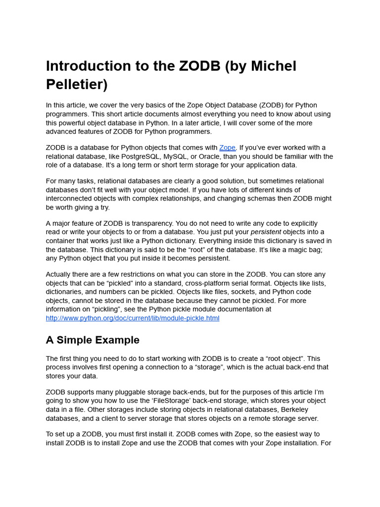 Introduction To The ZODB (By Michel Pelletier) | PDF | Databases | Database Transaction