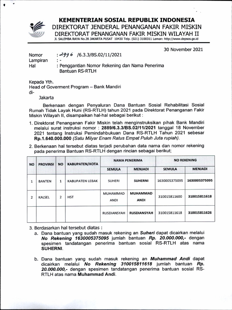 Pergantian No Rek & Nama Penerima | PDF