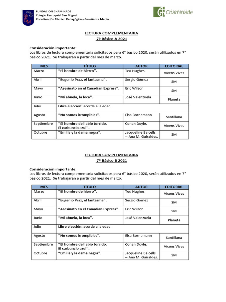 Lectura Complementaria 7 Basico 4 Medio 2021 2 | PDF