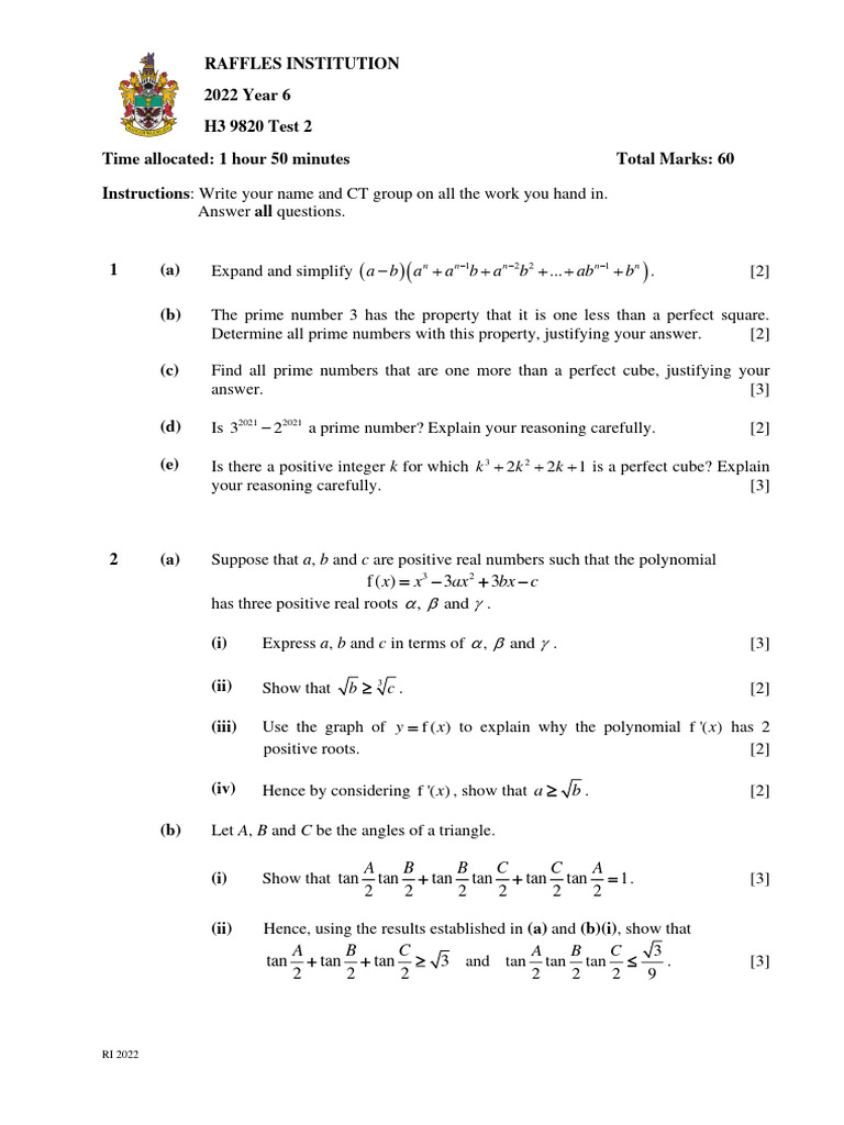 RI 2022 H3 Test 2 (Questions and Solutions) | PDF | Zero Of A Function ...