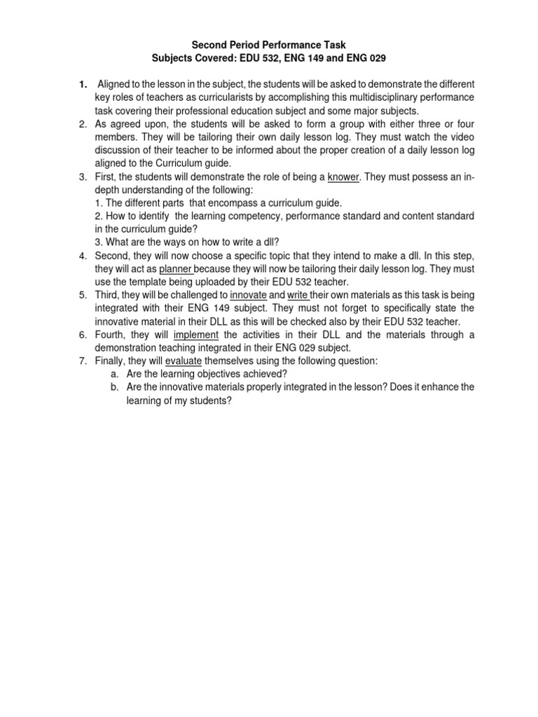 DLL and MATERIAL DEVELOPMENT - PERFORMANCE TASK ENG 149 ENG 029 EDU 532 ...