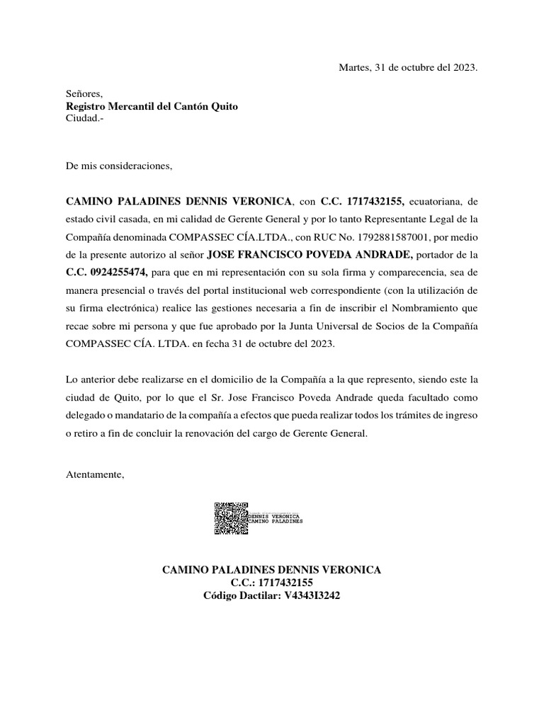Carta de Autorizacion Registro Mercantil - COMPEC CIA LTDA-signed | PDF | Documento de identidad ...