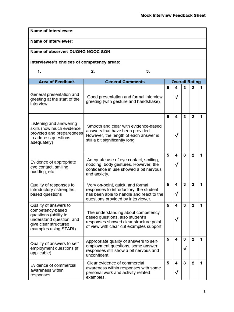 (Anxiety and Nervous Issue Case) Mock Interview Feedback Sheet | PDF ...
