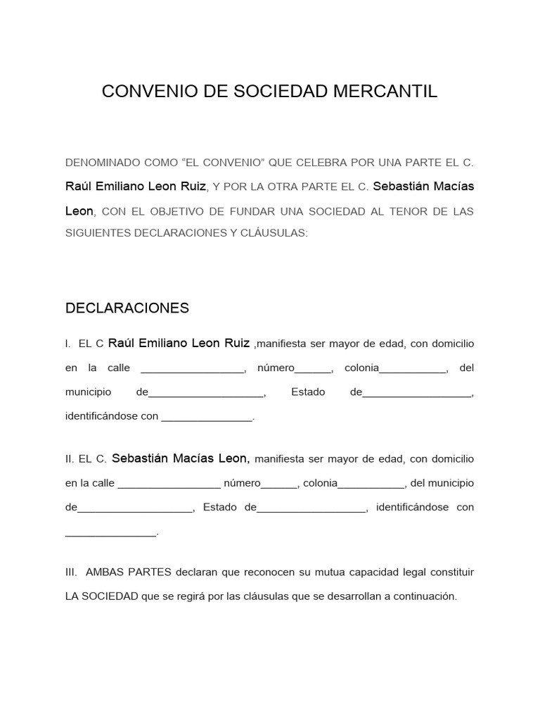 Formato Del Contrato de Sociedad Mercantil | Descargar gratis PDF | Sociedad de responsabilidad ...