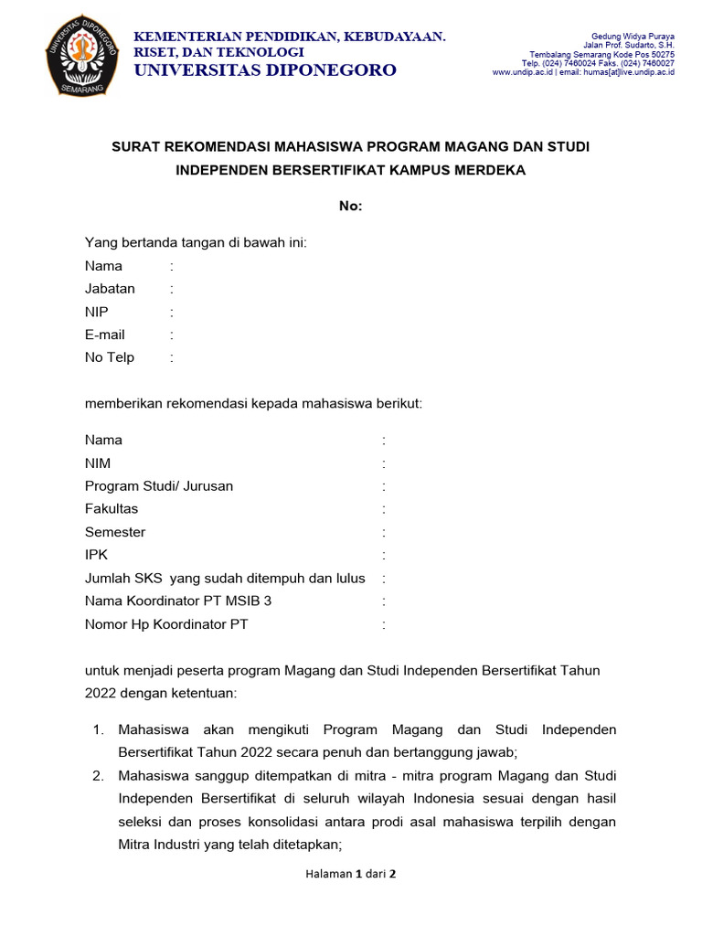 Format - Surat Rekomendasi - MSIB Angkatan 3 - UNDIP - 2022 | PDF