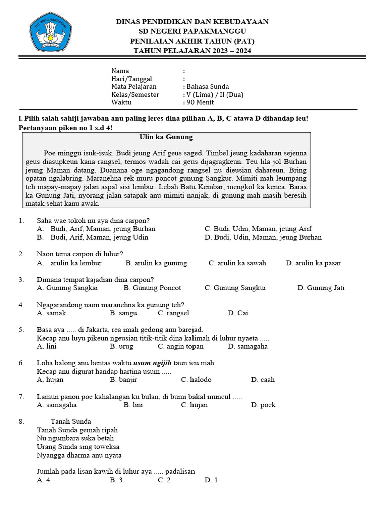 Soal PAT Basa Sunda Kelas 5 | PDF