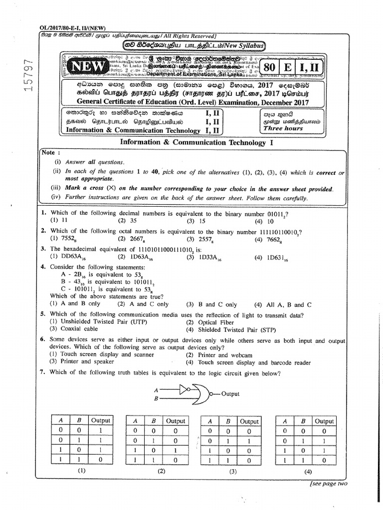 2017 OL Information Amp Communication Technology Past Paper English ...