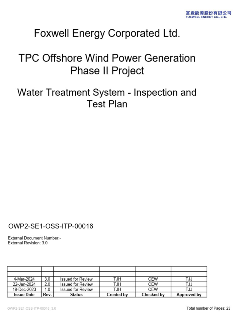 OWP2-SE1-OSS-ITP-00016 - 3.0 - Water Treatment System - Inspection and ...