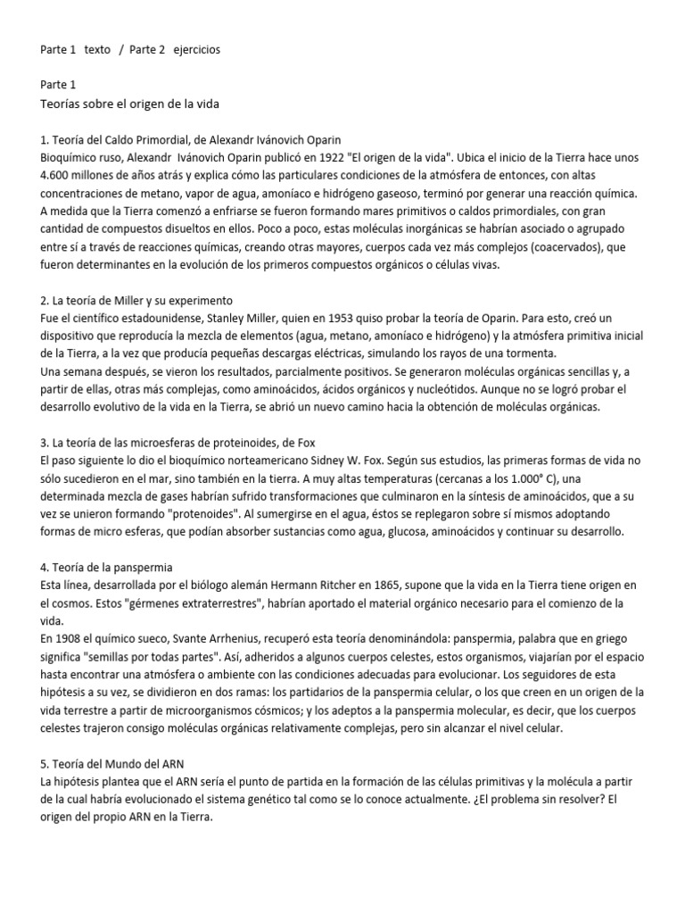 Teoria Origenes de La Vida y Hominización | PDF | Evolución | Humano