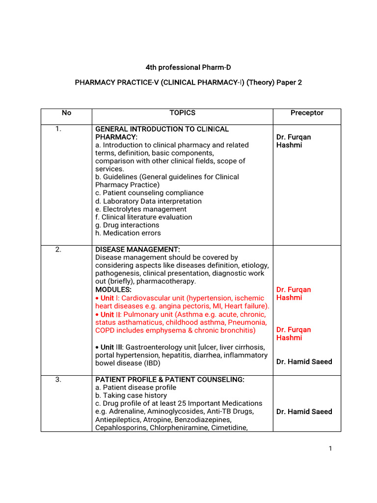 Course Outline Clinical Pharmacy | PDF | Pharmacovigilance | Pharmacy