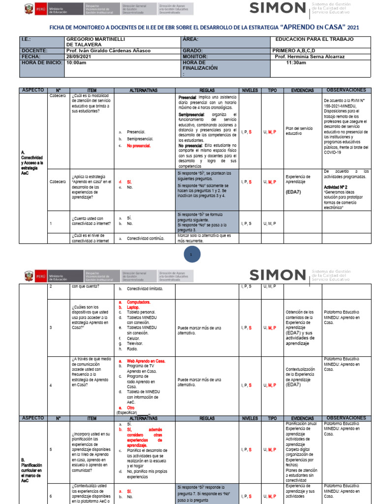 Ficha de Monitoreo Al Docente Aec - Simon 2021 | PDF | Evaluación | Videotelefonía