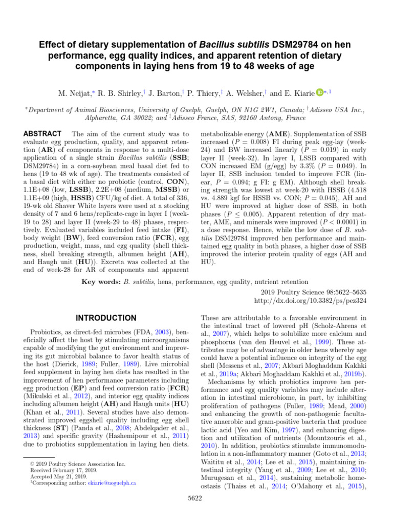 Effect Of Dietary Supplementation Of Bacillus Subtilis Dsm29784 O 2019 Poult Pdf Yolk