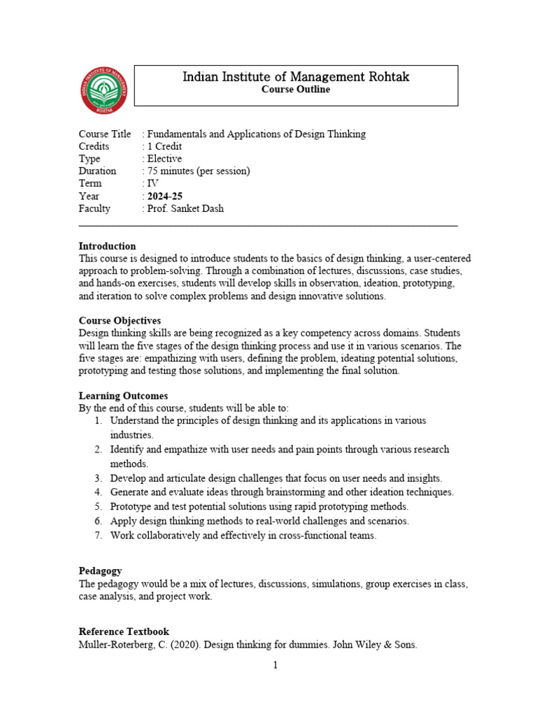Fundamentals and Applications of Design Thinking Course Outline 2024 ...