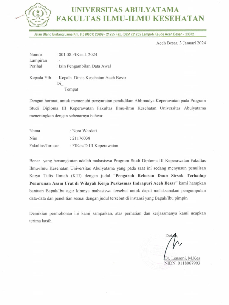 Scan Surat Pengambilan Data Awal Nora | PDF